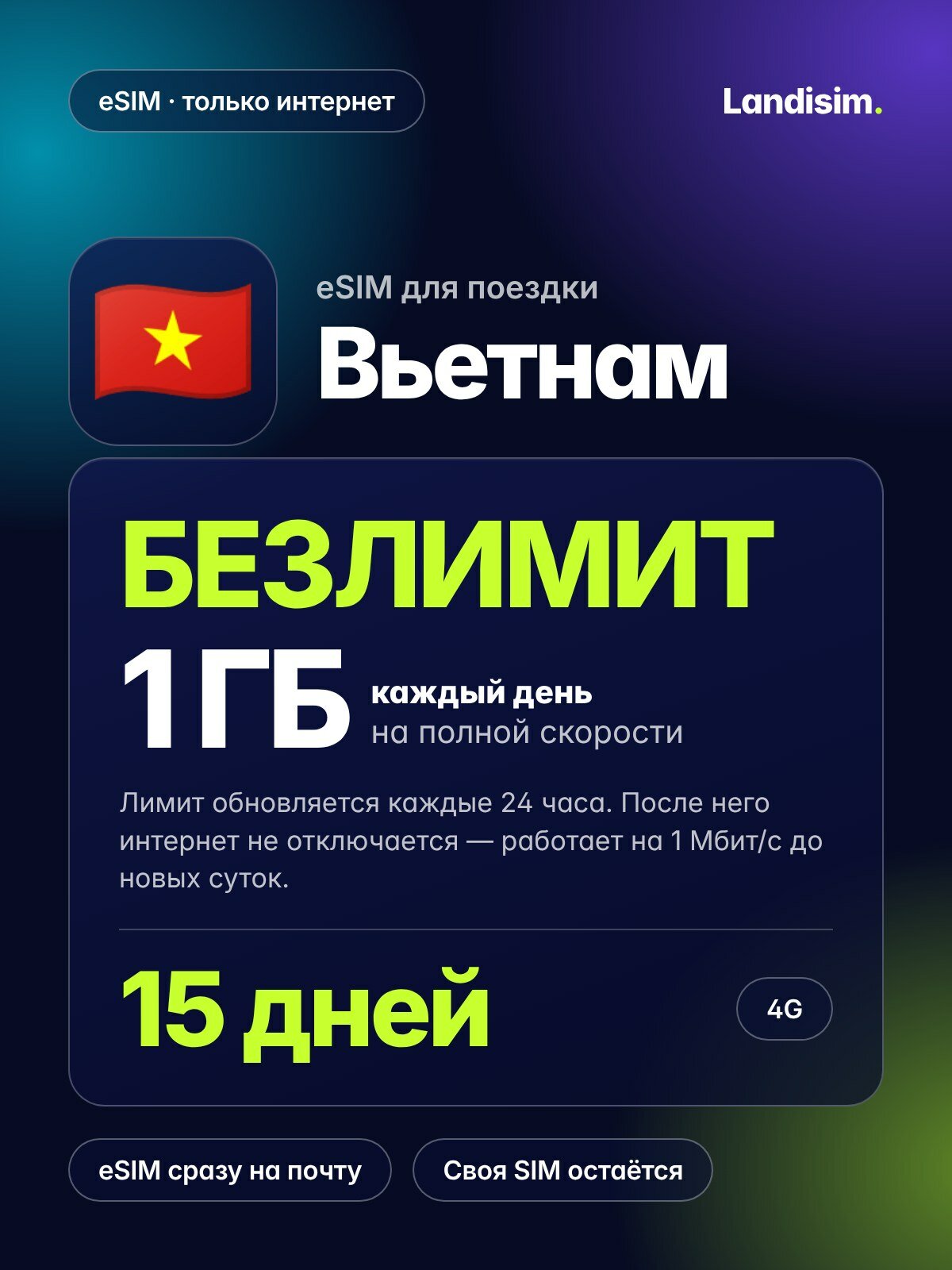 ESIM Вьетнам безлимит 1 ГБ в день на 15 дней, мобильный интернет Landisim