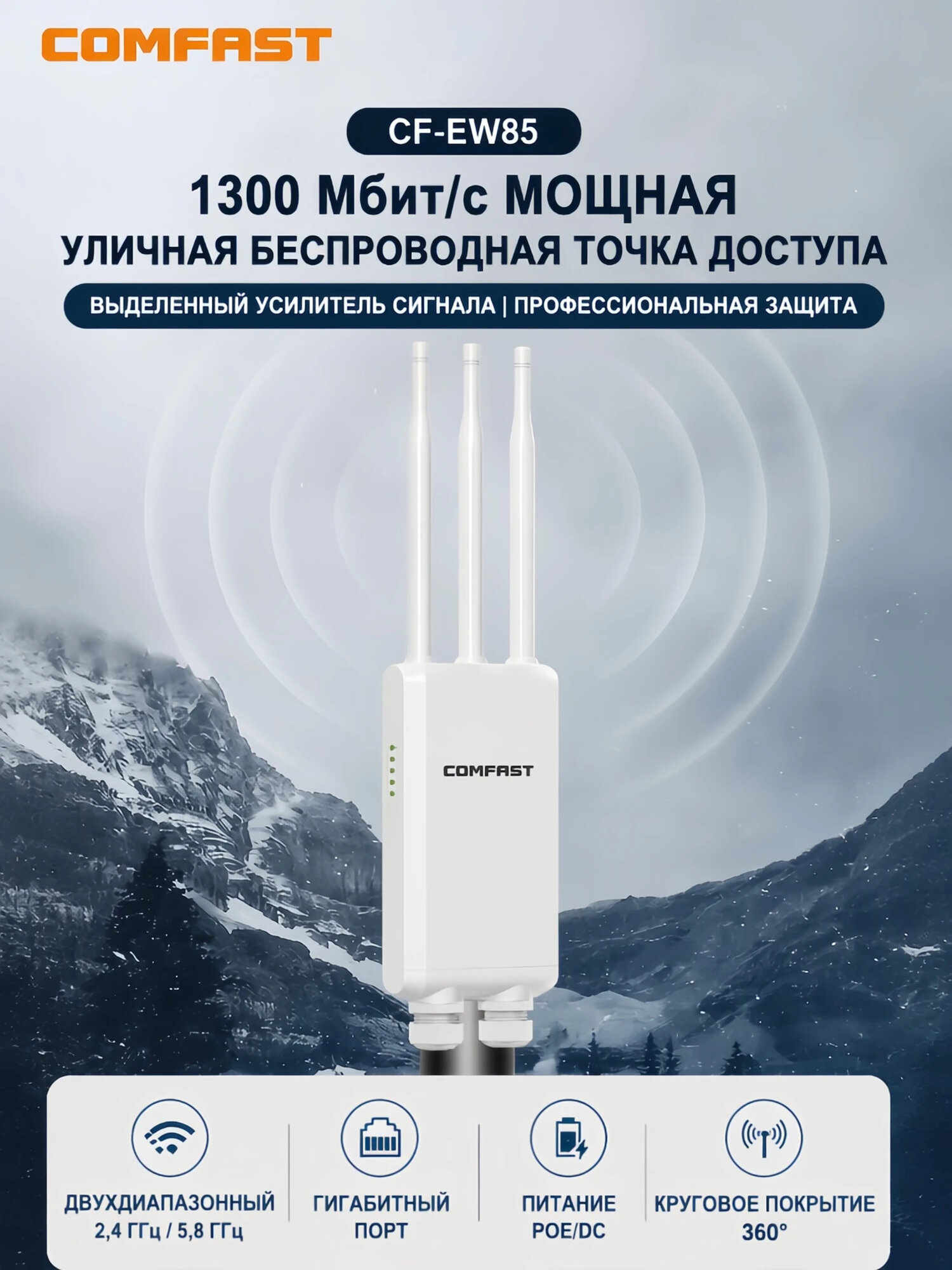 COMFAST CF-EW85 уличная Точки доступа Wi‑Fi 1300 Мбит/с, двухдиапазонная 2.4G+5G, три гигабитных порта, PoE, IP66