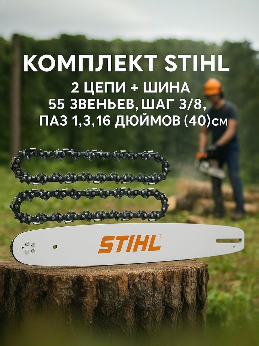 Комплект : Цепи для бензопилы Штиль Ms 180-250 , 2 шт + Шина 16 дюймов (40)см, шаг 3/8", паз 1,3 мм, 55 звеньев STIHL
