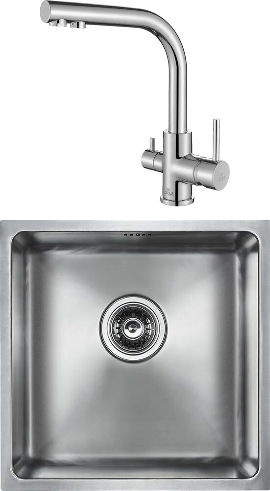 Комплект Мойка Paulmark Vista PM304444-BS 44x44, брашированная нержавеющая сталь, нержавеющая сталь / Смеситель Essen 213011-СR глянцевый хром, глянцевый хром