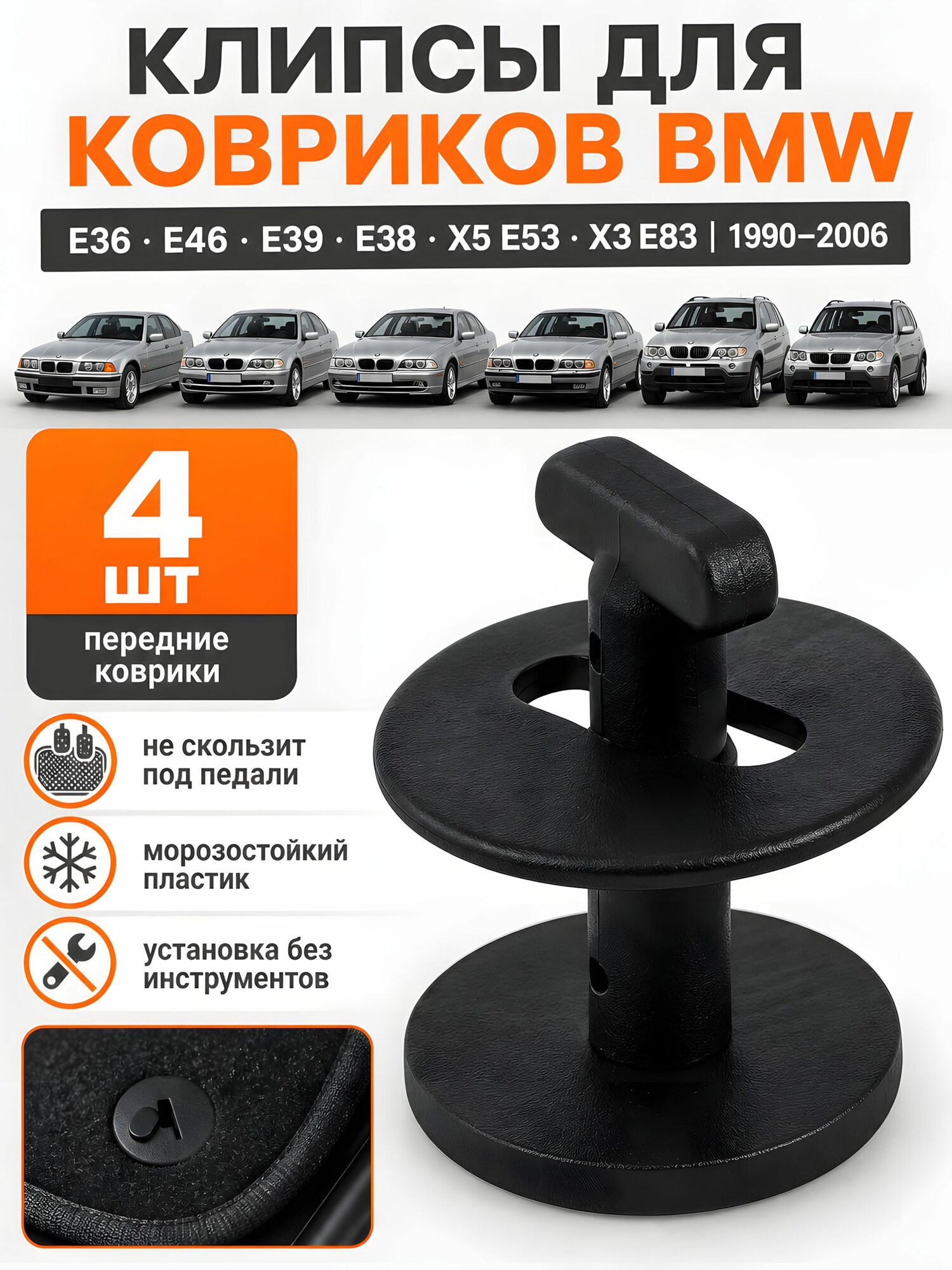 Клипсы фиксаторы ковриков 4 шт для BMW БМВ 3 Series 5 Series 7 Series 8 Series 1982-2010, Замена ОЕМ 51471881521