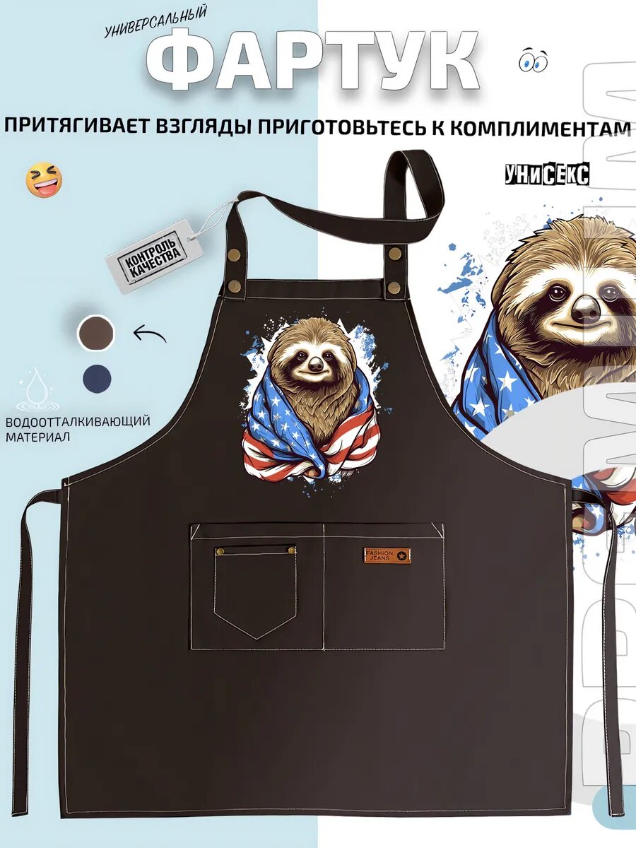 Фартук Ленивец Sloth с американским флагом в стиле кухонный с принтом универсальный