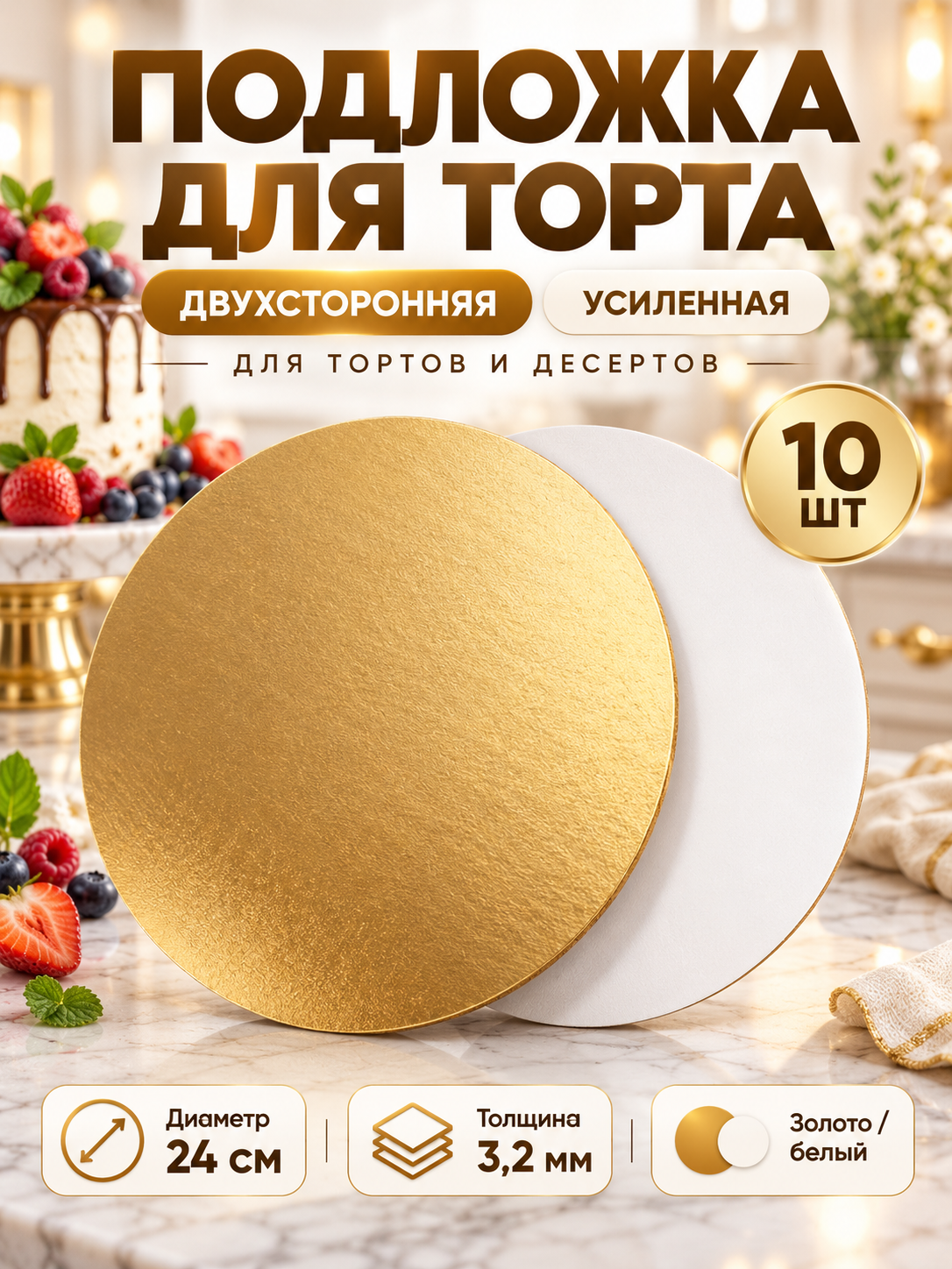 Подложки для торта 24 см 3,2 мм 10 шт