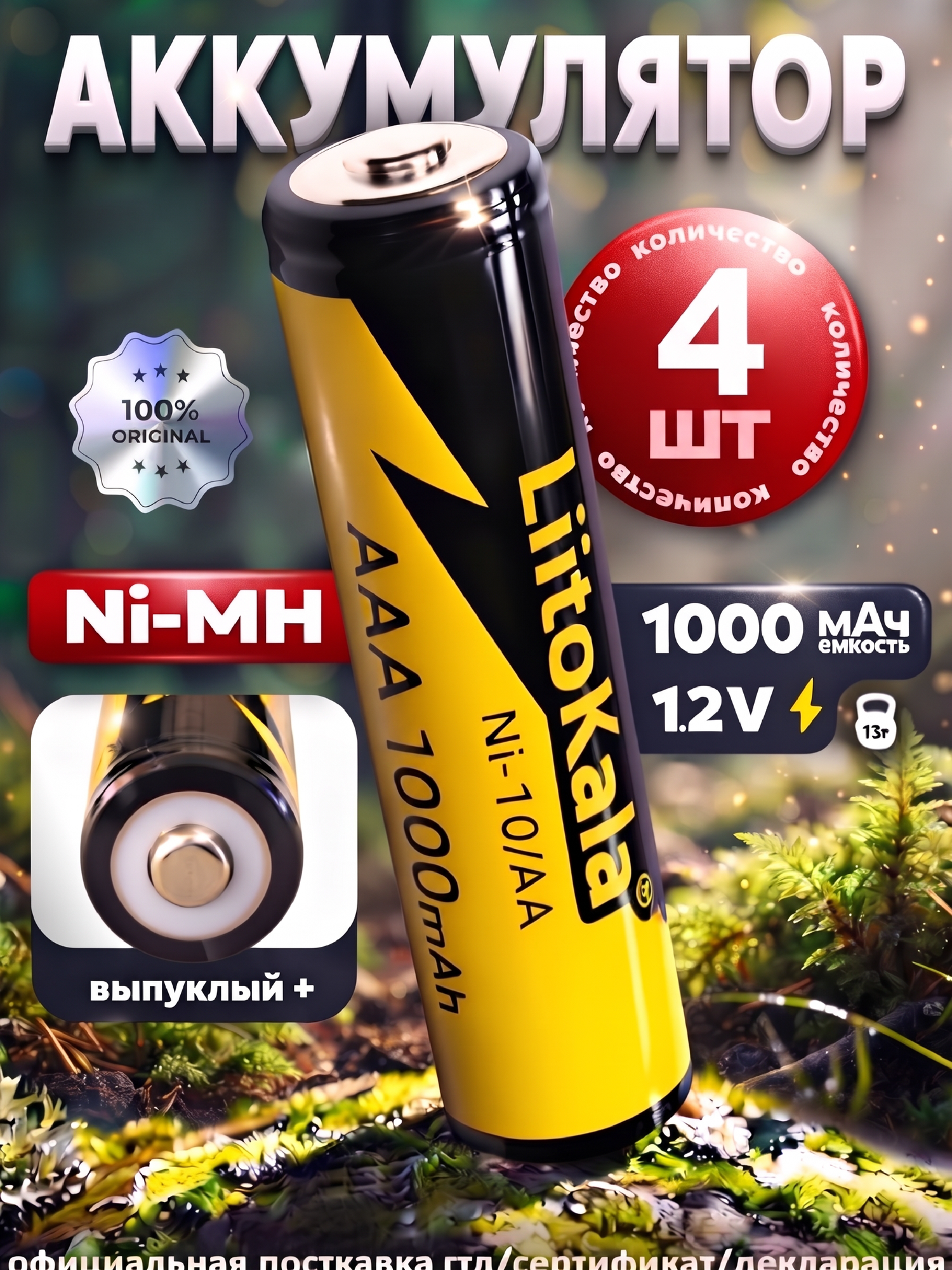 Аккумулятор LiitoKala ААA Ni-MH 1.2В 1000mAh незащищенный / Батарейки ААА мизинчиковые перезаряжаемые, 4 шт.