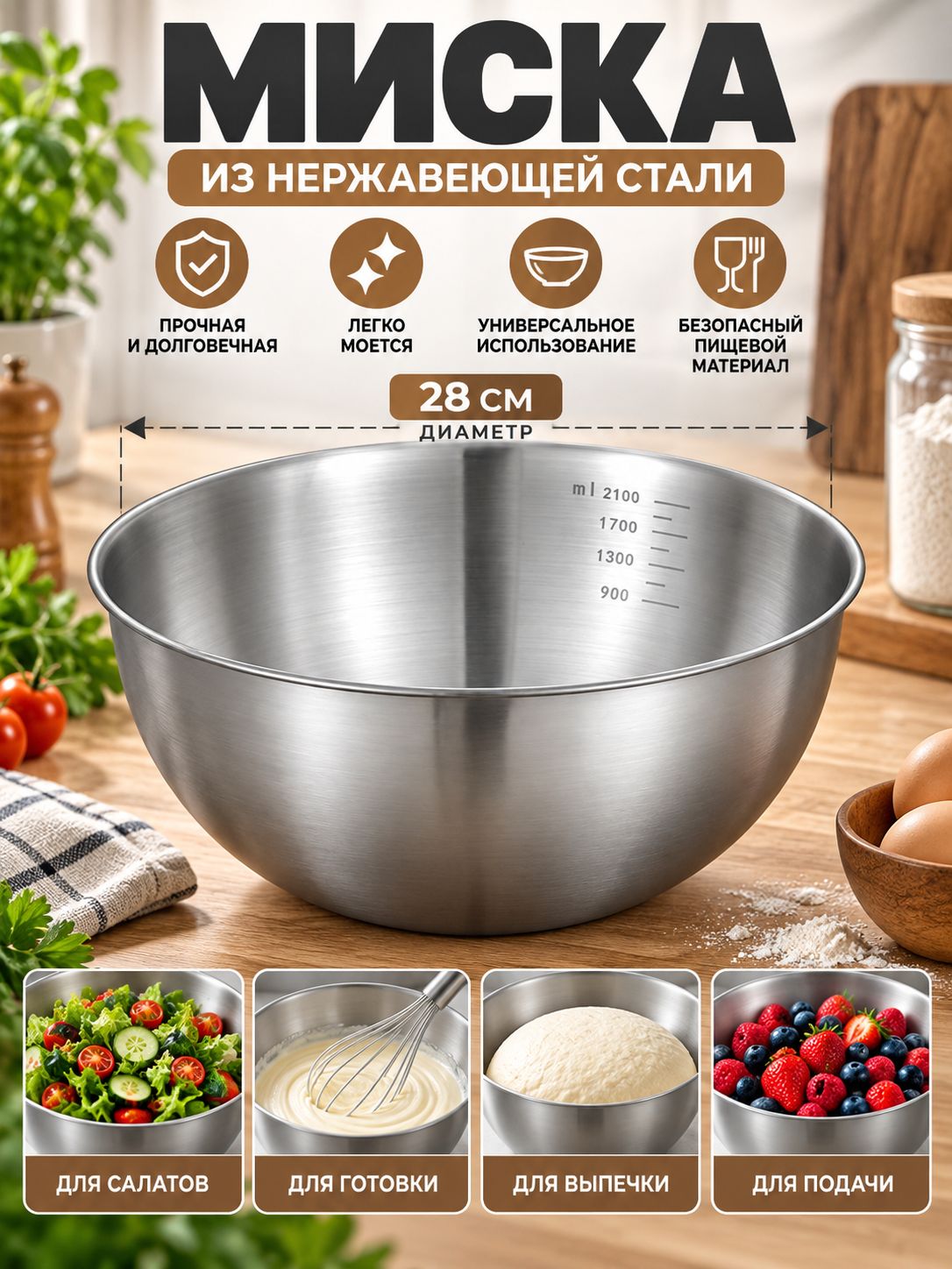Салатник 27 см 4000 мл 1 шт серый металлик, Артикул: 5830948595