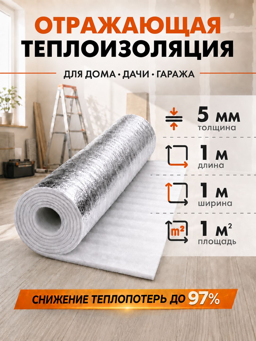Теплоизоляция отражающая 5мм 1м2, подложка для теплого пола, утеплитель для стен
