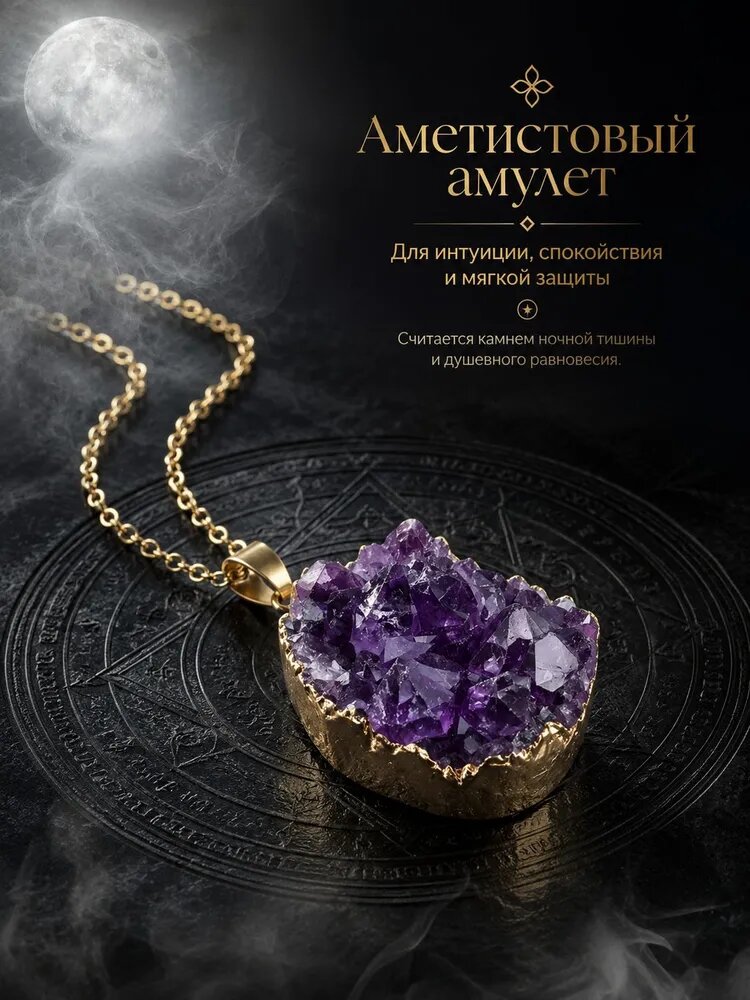 Амулет аметистовый кулон на цепочке, натуральный камень, фиолетовый