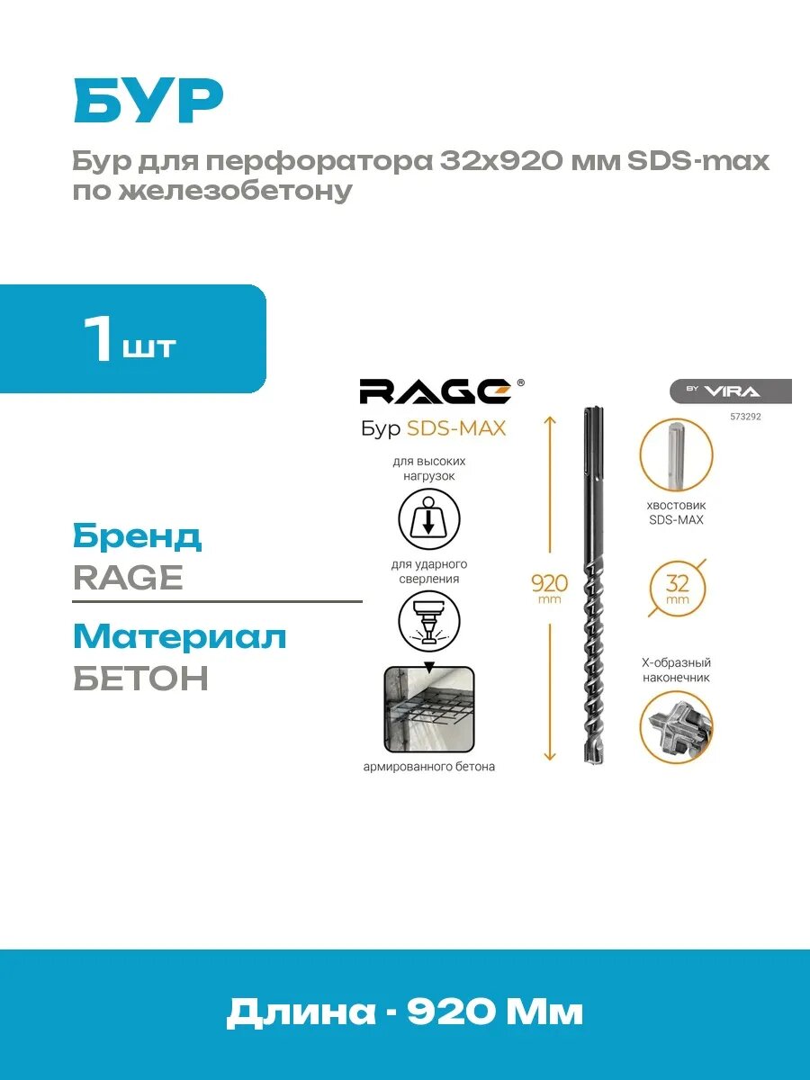 Бур для бетона 32 мм 920 мм SDS-max с пластиковым подвесом
