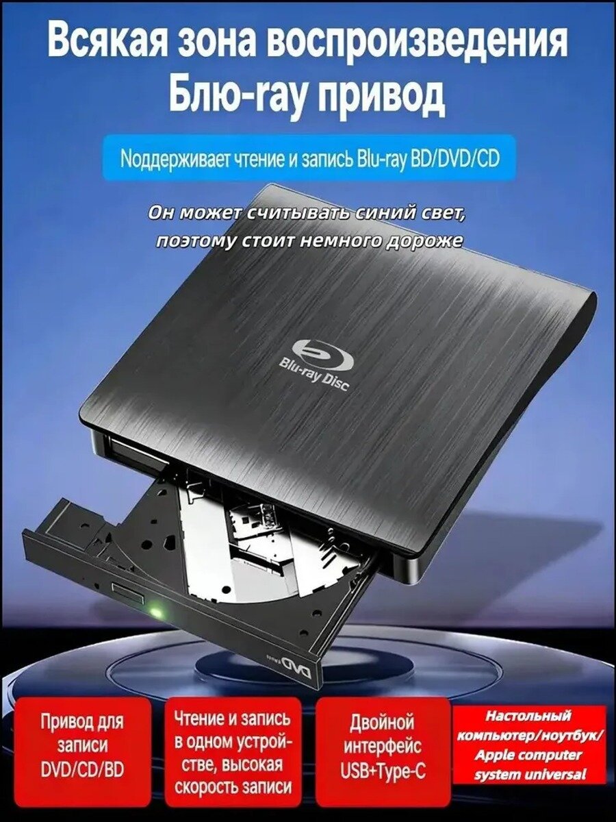 Внешний привод Blu-ray для чтения и записи дисков BD DVD CD с интерфейсом USB