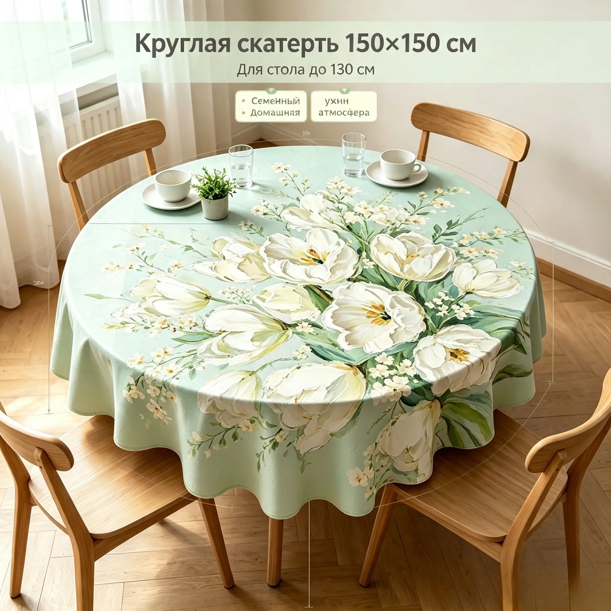 Клеенка на стол 150x150 см полиэстер fr круглая в рулоне, водоотталкивающая пропитка прозрачный