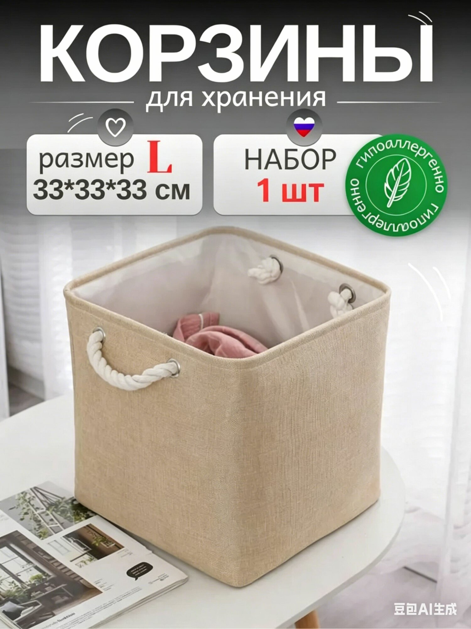 Корзина для хранения длина 33 см, ширина 33 см, высота 33 см, 1 шт, брезент, бежевый