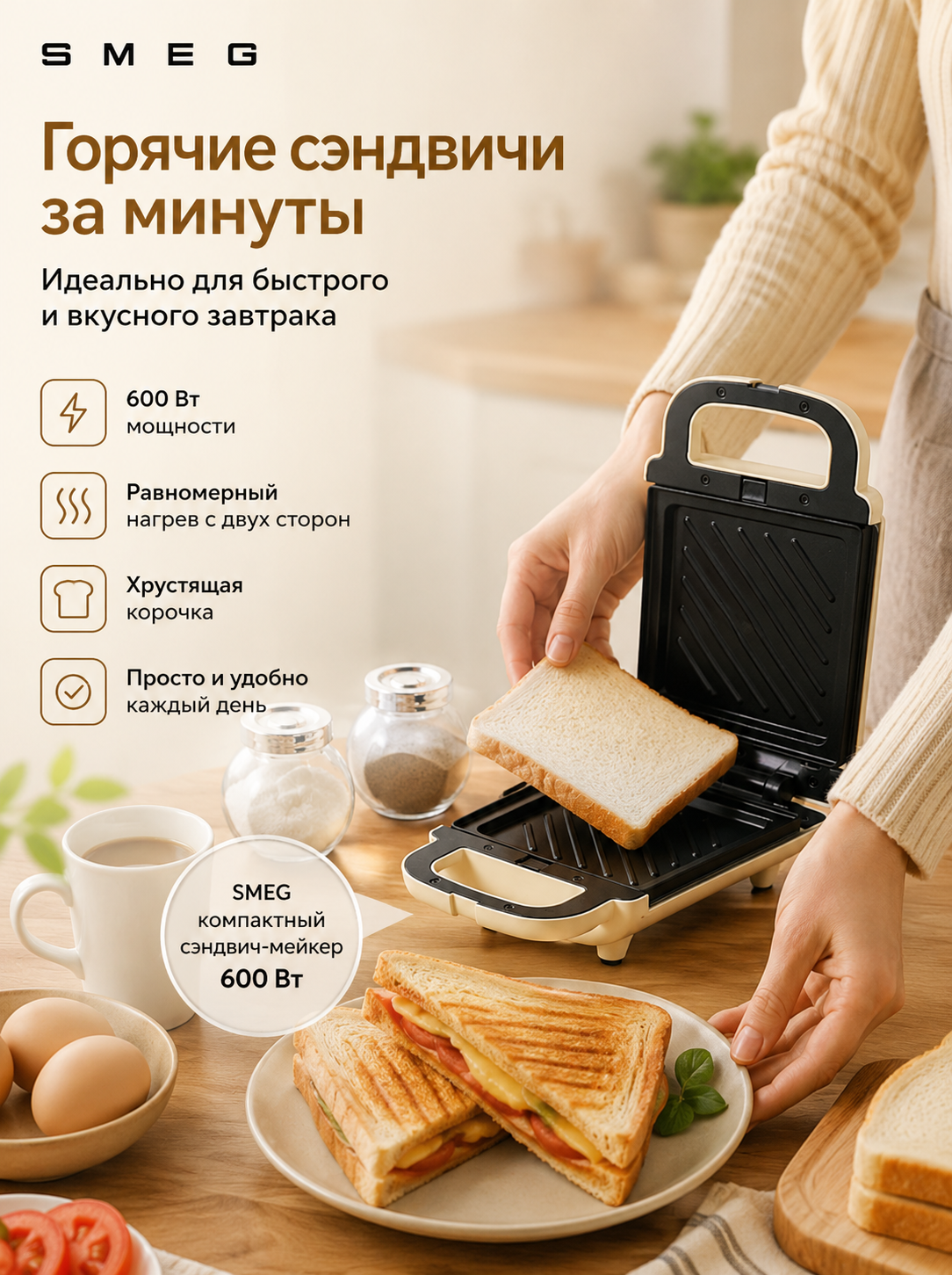 Сэндвичница и вафельница SMEG, компактная 600 Вт, двусторонний нагрев, мини для дома