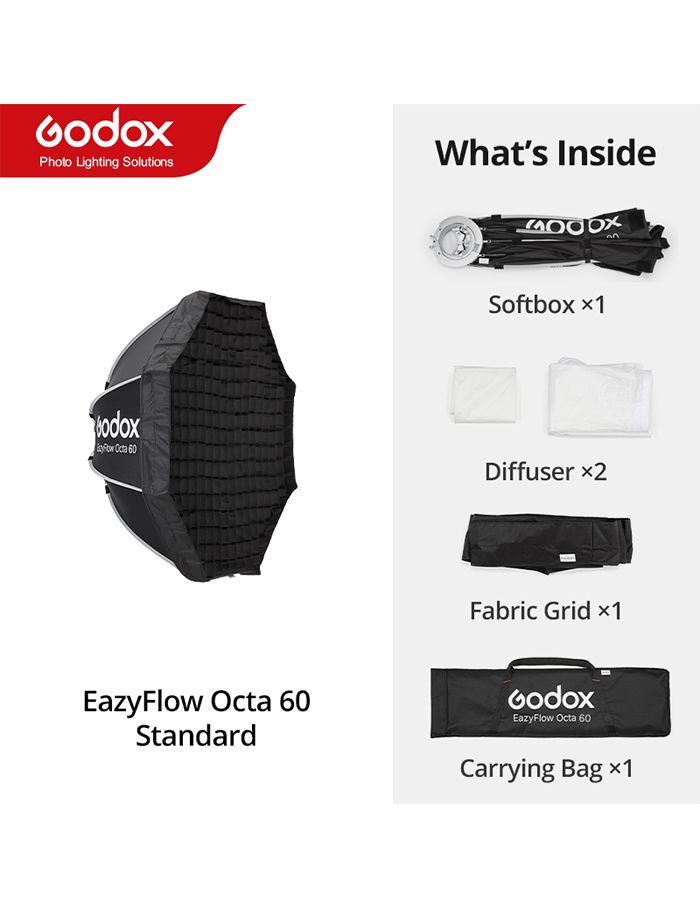 Godox EazyFlow Octa 60 Складной софтбокс с креплением Bowens, портативный светорассеивающий диффузор для фотостудийной вспышки и LED освещения