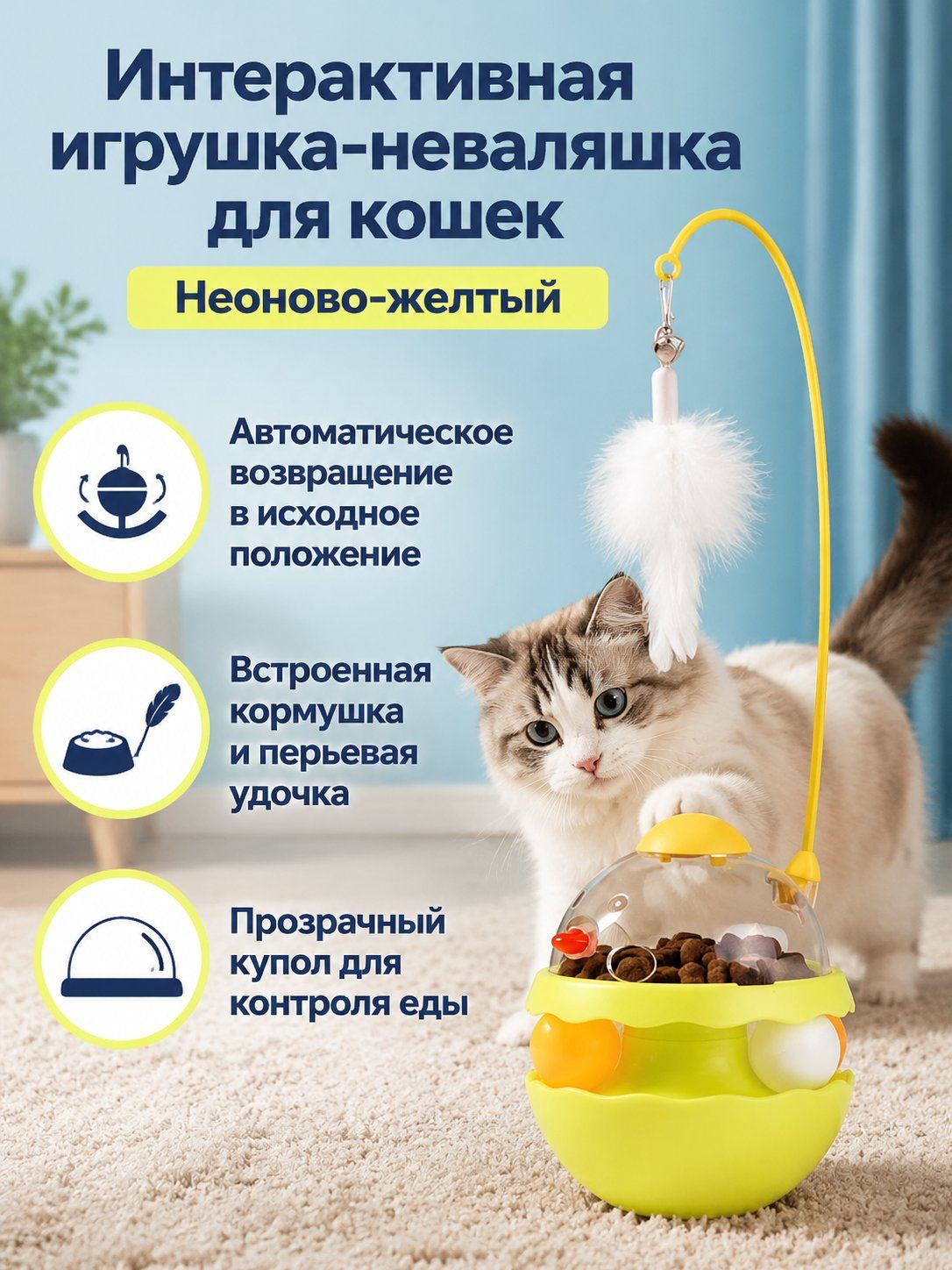 Игрушка-автокормушка для кошек с прозрачным окном и пером, флуоресцентно-желтая