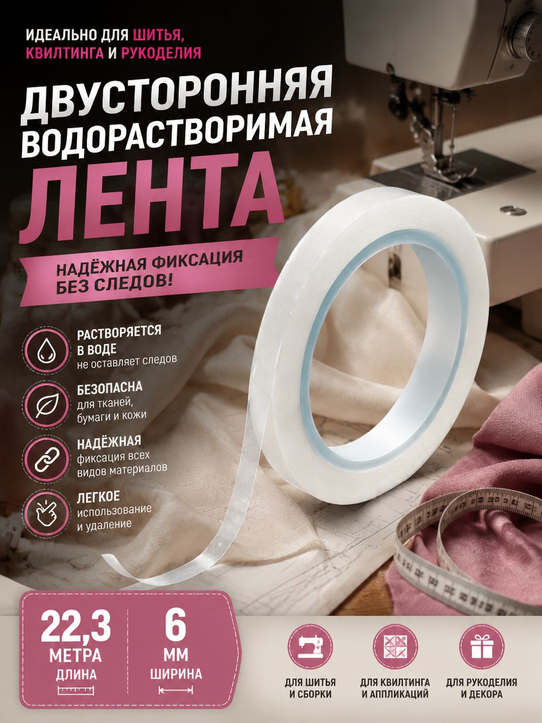 Лента клеевая двусторонняя водорастворимая 22.3метров, ширина 6 мм