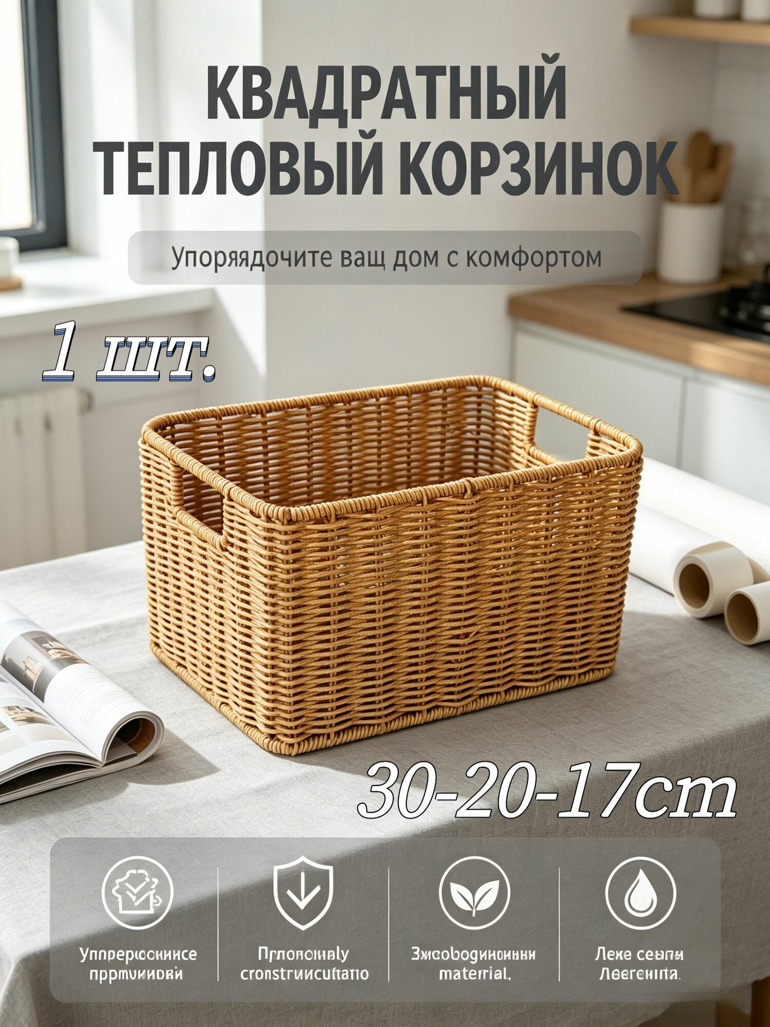 Жизнь на континенте Контейнер для хранения вещей длина 30 см, ширина 20 см, высота 17 см 1 шт, полиротанг, светло-желтый