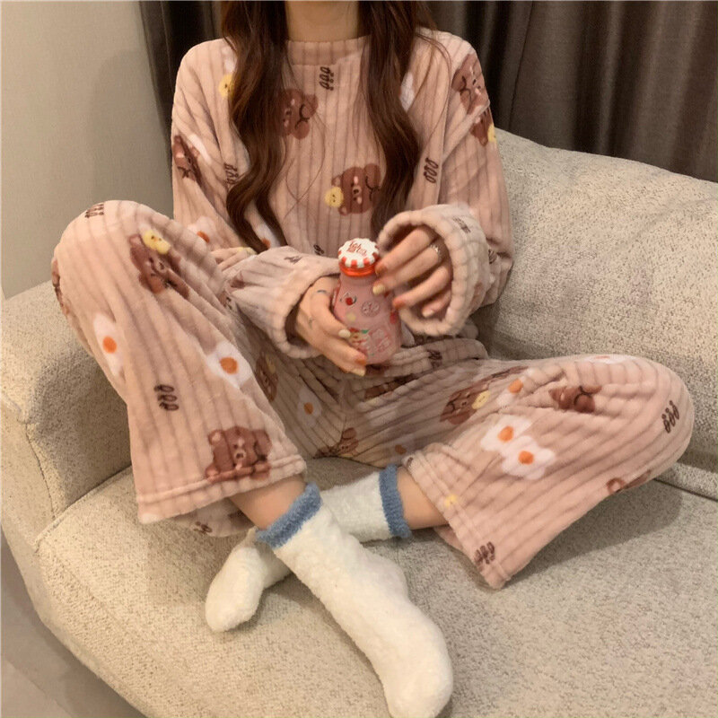 Женская пижама из кораллового флиса с принтом медвежонка на кофейном фоне, уютный домашний комплект с длинным рукавом для осени и зимы