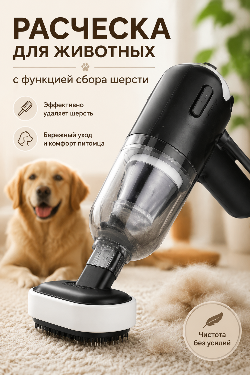 Расческа для животных с функцией сбора шерсти, черная