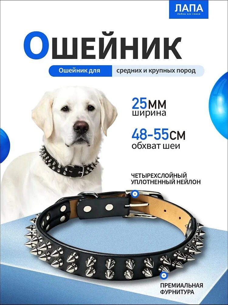 Черный ошейник с заклёпками для собак средних и крупных пород, антипотягивающий, размер 56x2.5 см.