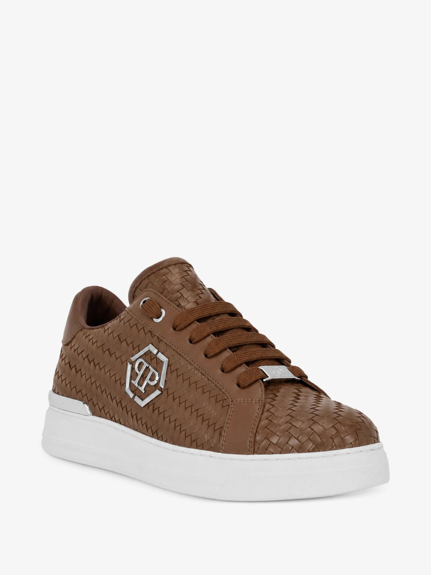 Кроссовки PHILIPP PLEIN Weaved leather sneakers hexagon, размер 38, коричневый — фото 1
