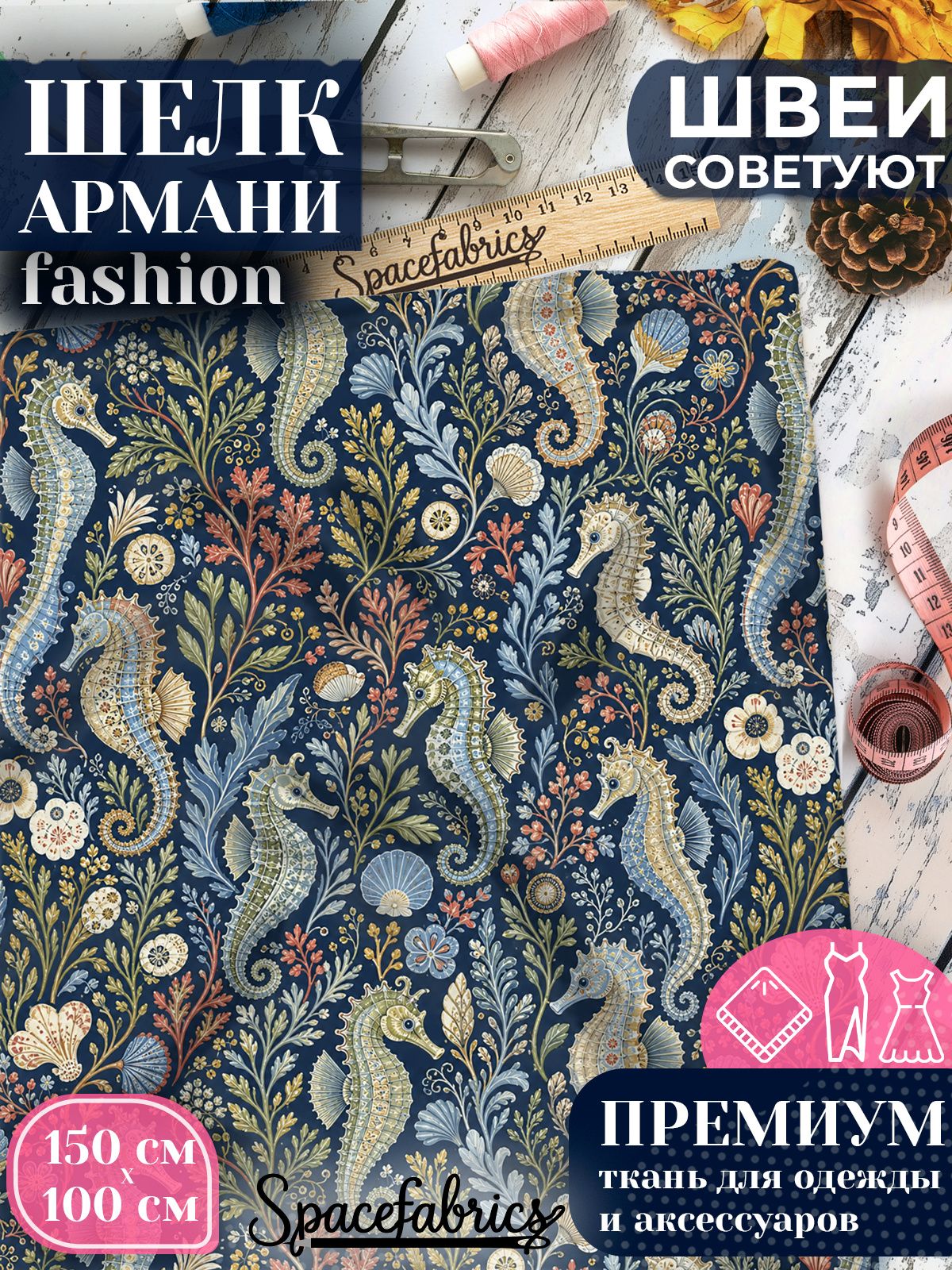 Ткань для шитья шелк Армани, искусственный шелк для костюмов, платьев, юбок с принтом Морская фауна