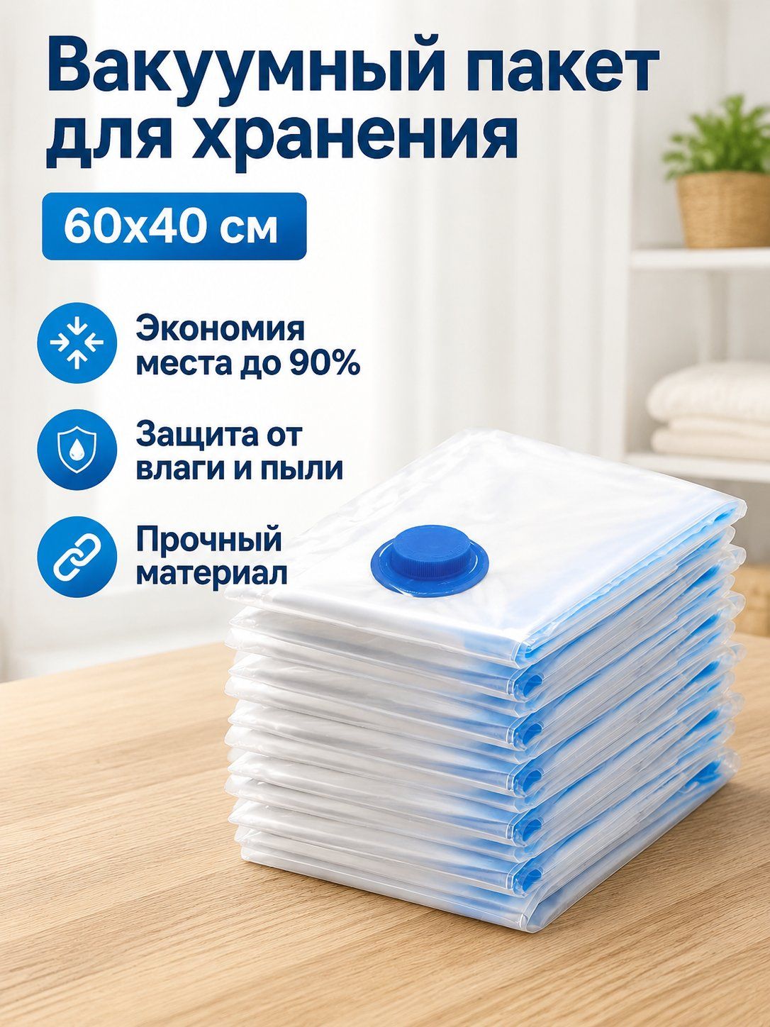 Вакуумный компрессионный мешок для одежды и постельного белья, сверхмалый 60 40 см, прозрачный с синей каймой, с клапаном