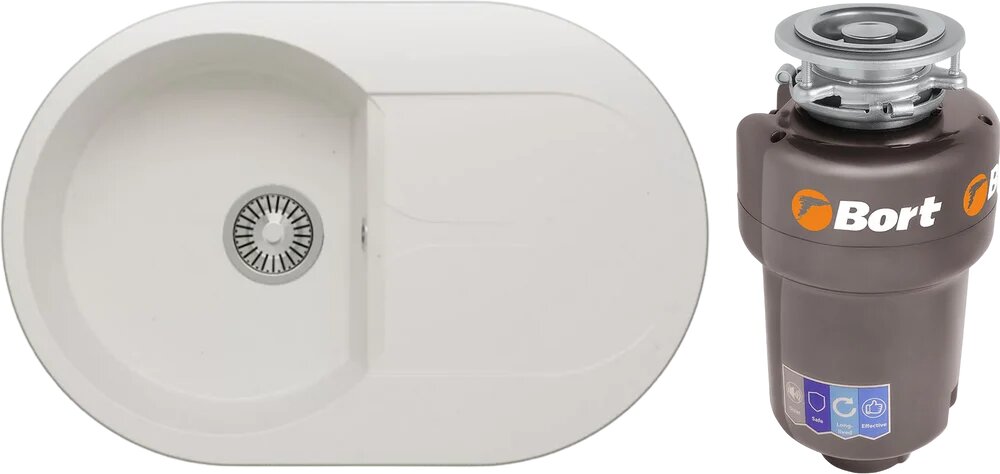 Комплект Мойка Polygran Atol 679030 76x50, белая хлопок, искусственный гранит / Измельчитель Bort Titan Max Power электрический, нержавеющая сталь