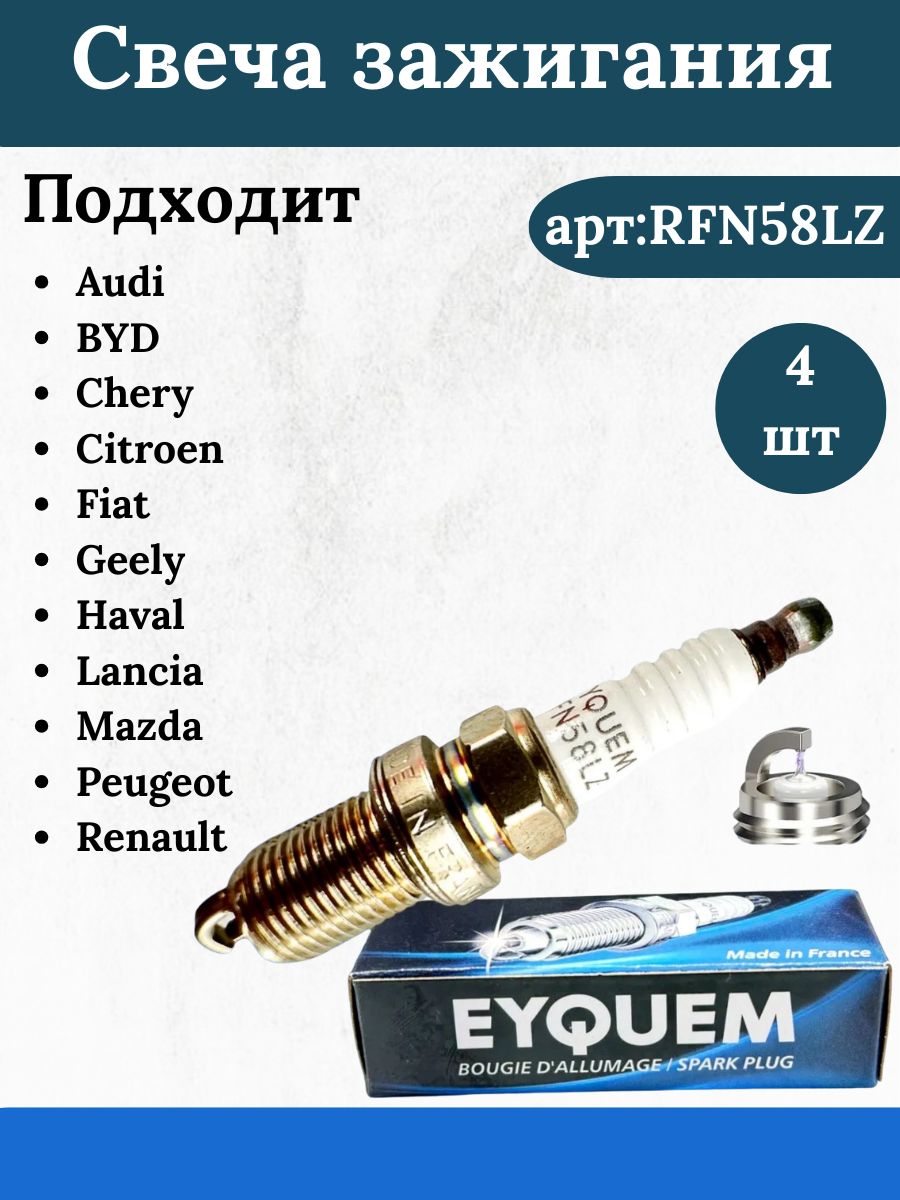 Комплект свеча зажигания (4 штук) EYQUEM для а/м Renault Peugeot Geely Fiat OEM: RFN58LZ Рено Логан Ниссан Алмера