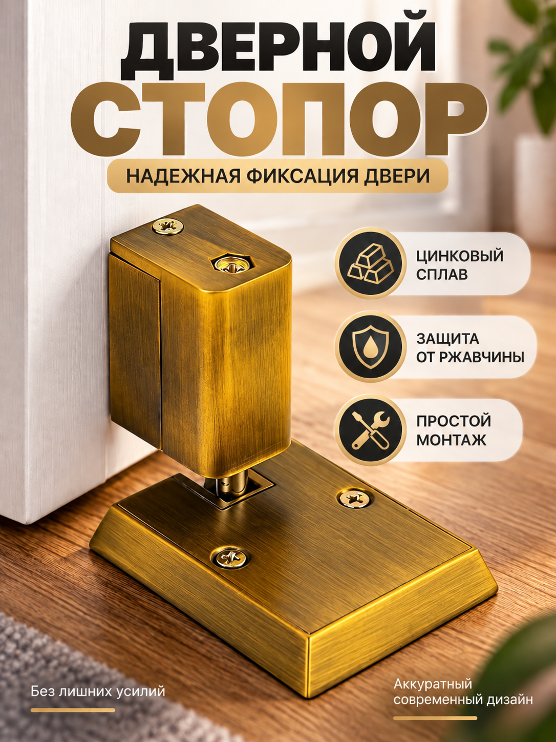 Дверной стопор напольный из цинкового сплава, защита от ржавчины, простой монтаж, надёжный фиксатор для межкомнатных дверей дома и в офисе