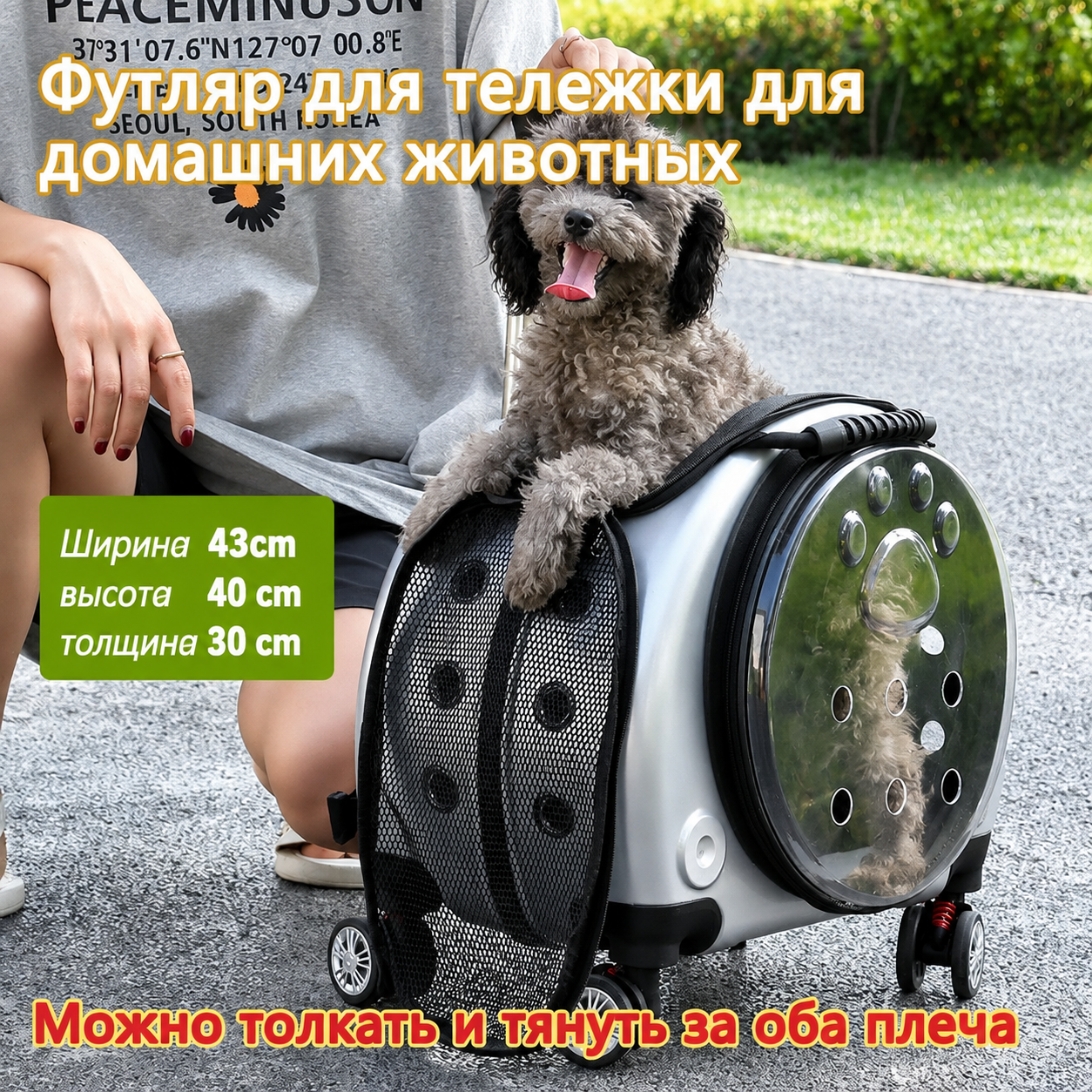 Переноска-тележка для кошек и собак, прозрачная, серебристая, с плечевыми ремнями, пластик