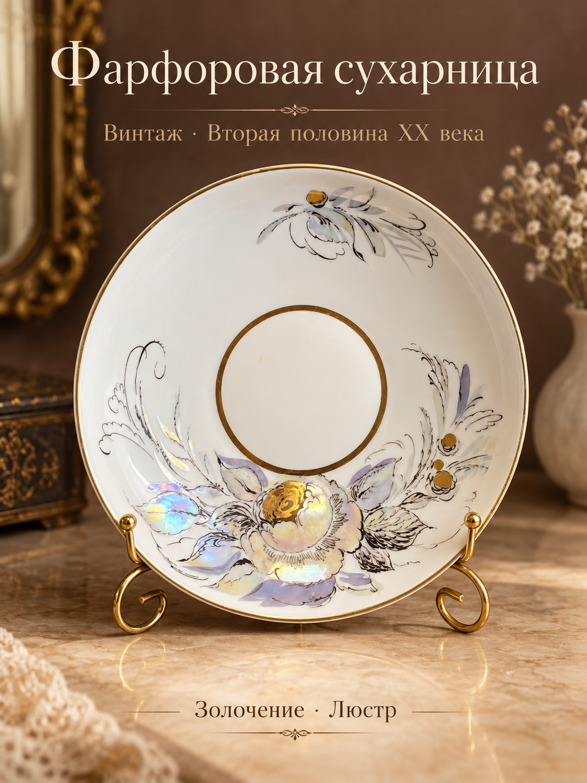 Сухарница, конфетница фарфоровая из сервиза "Жемчужный", роспись, люстр, золочение, ЛФЗ винтаж 1980-1991 гг