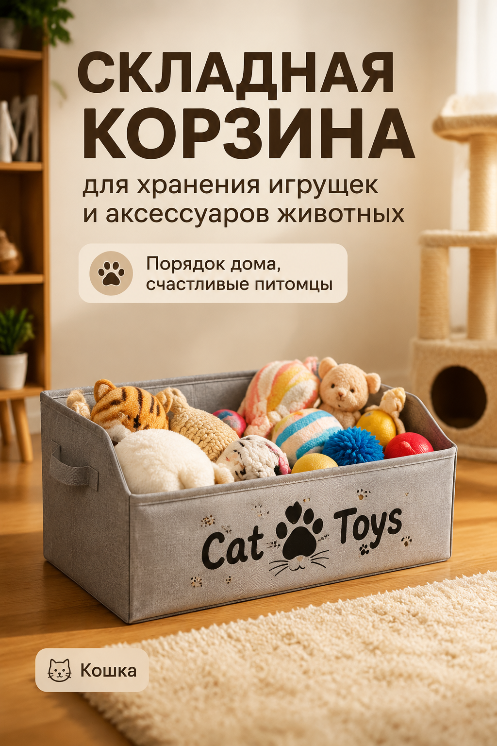 Складная текстильная корзина для хранения игрушек и аксессуаров животных 50×29×21,8 см