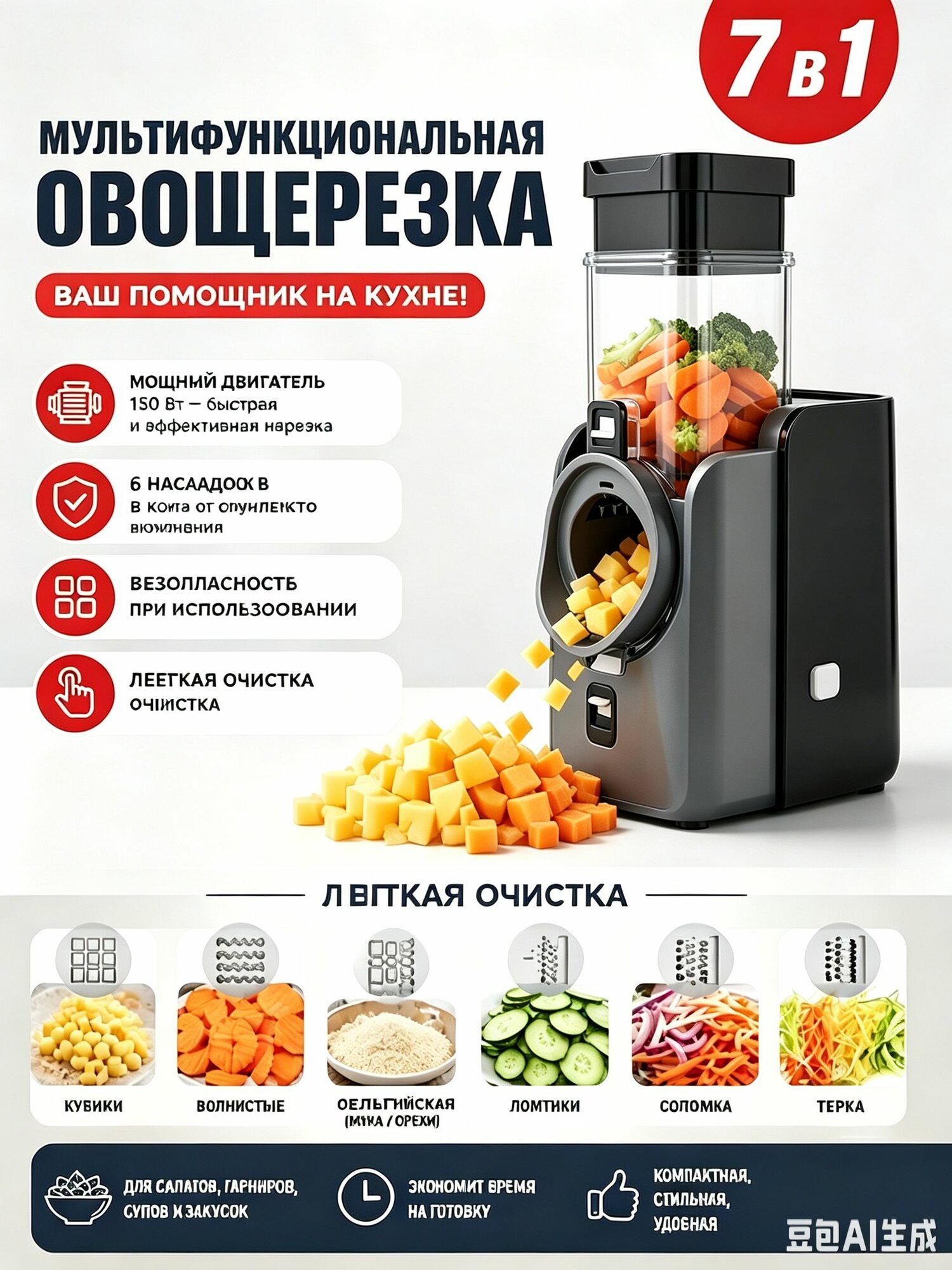 Электрическая овощерезка 7 в 1, мультислайсер для овощей и фруктов, 7сменных насадок, объем резервуара 1200 мл