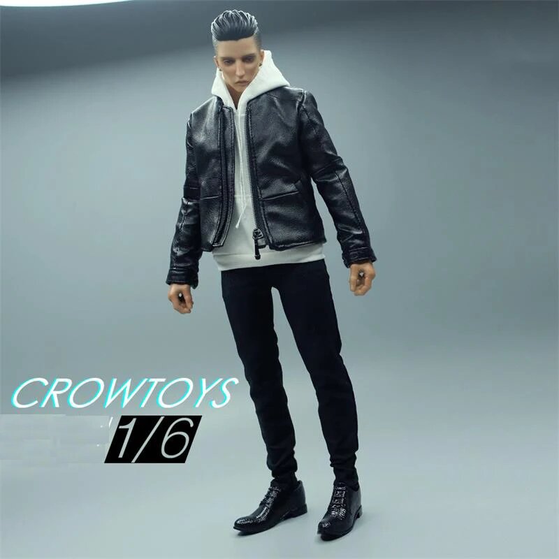 Кукольные аксессуары 1/6 черное кожаное пальто, рубашка, белая толстовка White Hoodie