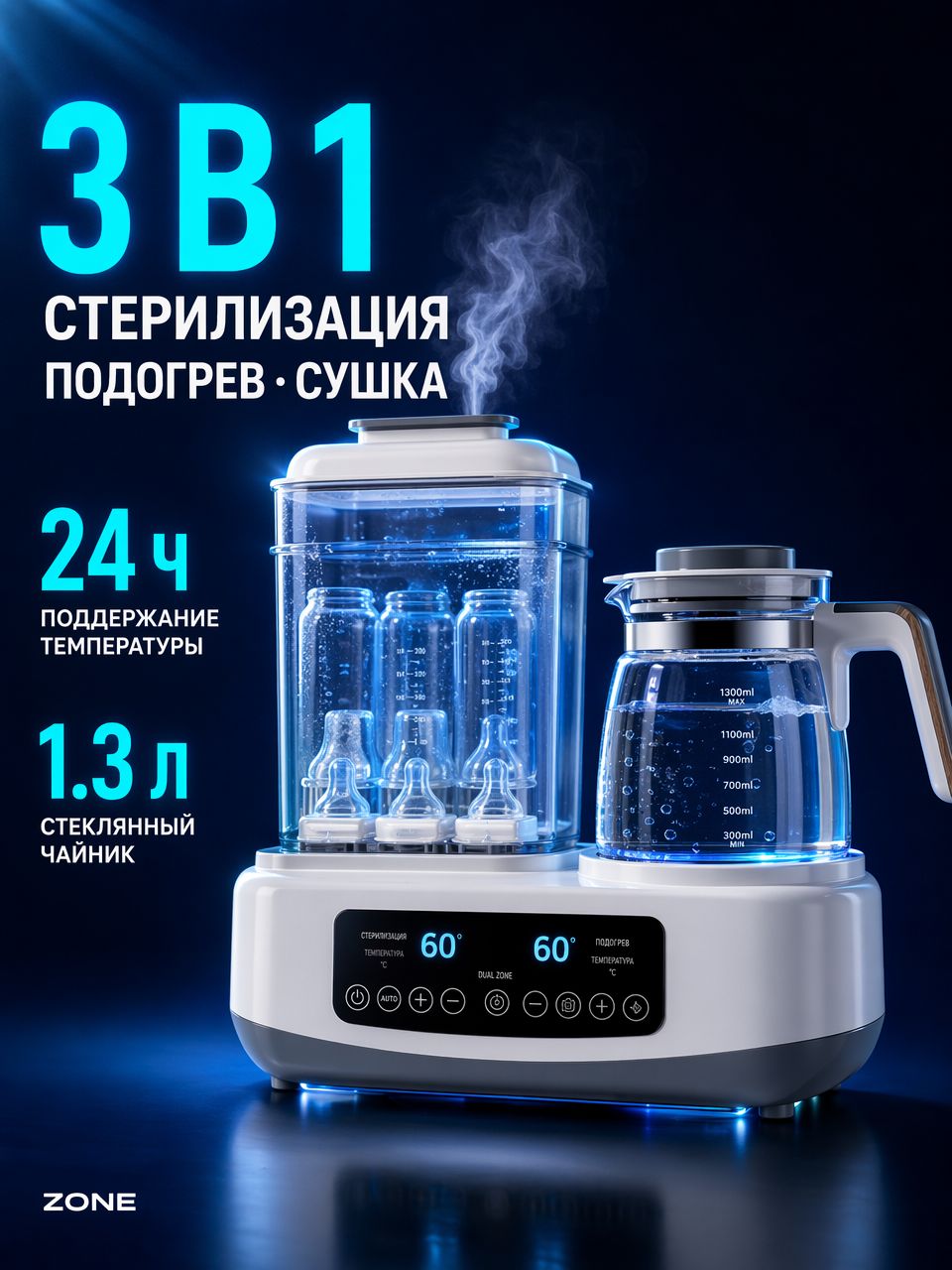 Стерилизатор для бутылочек ZONE 3 в 1 паровой подогреватель сушилка стекло 1.3л поддержание 24 часа