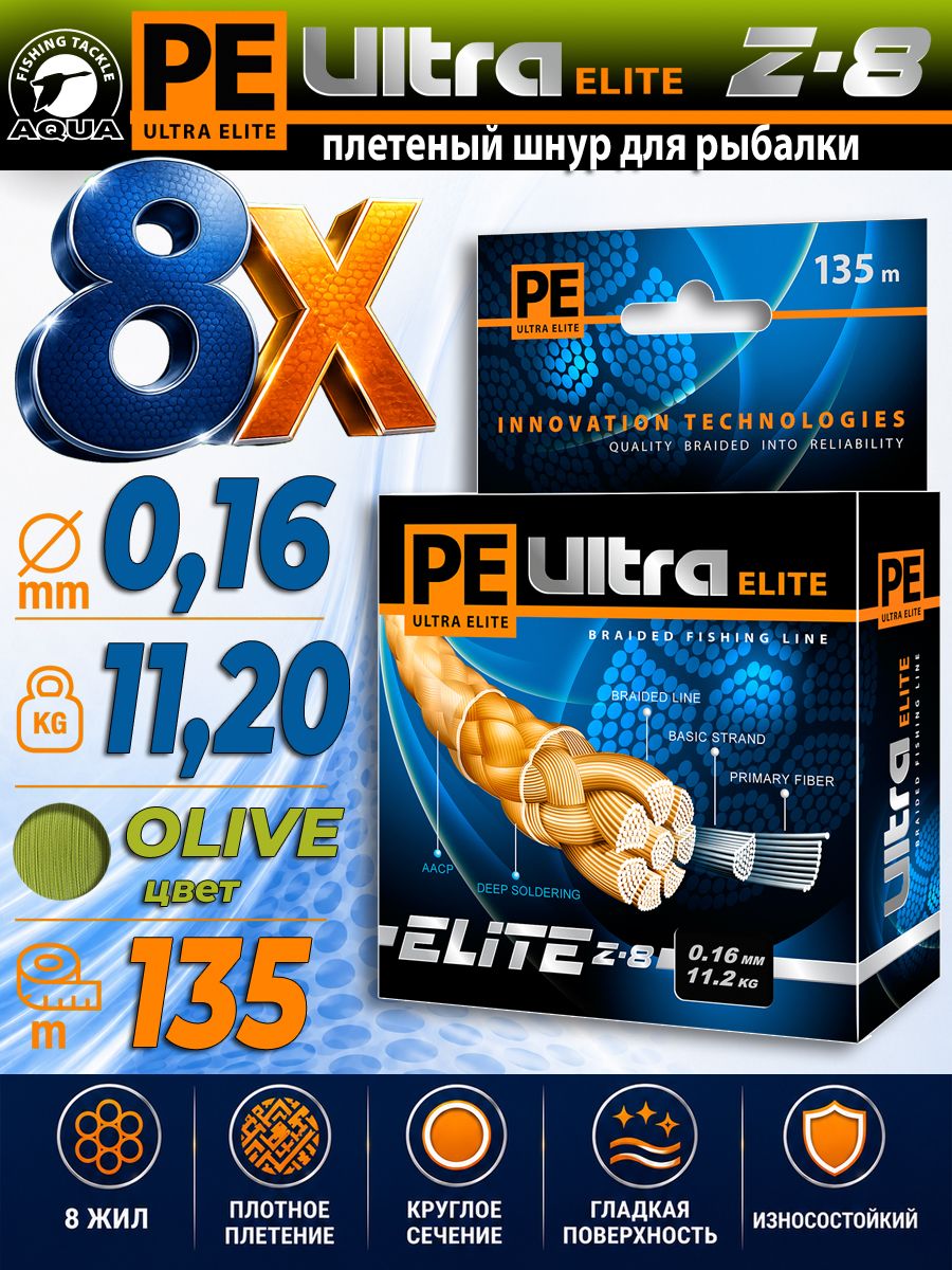 Плетеный шнур AQUA PE ULTRA ELITE Z-8 135м, 8-жильный, для спиннинга, джига, троллинга и ультралайта 0.16mm 11.20kg