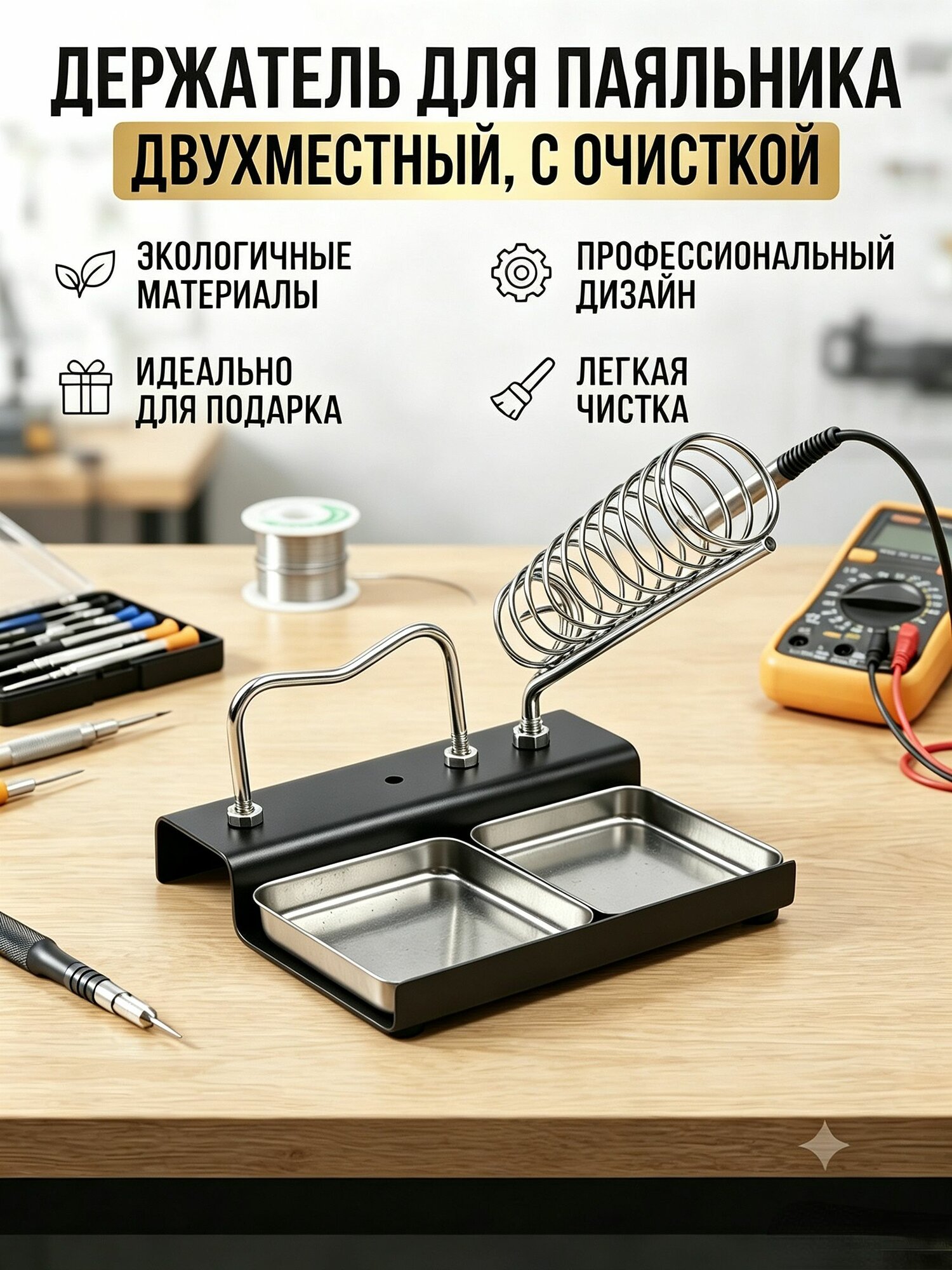 Подставка для двух паяльников металлическая, двойная стойка для паяльных работ, черный/серебристый