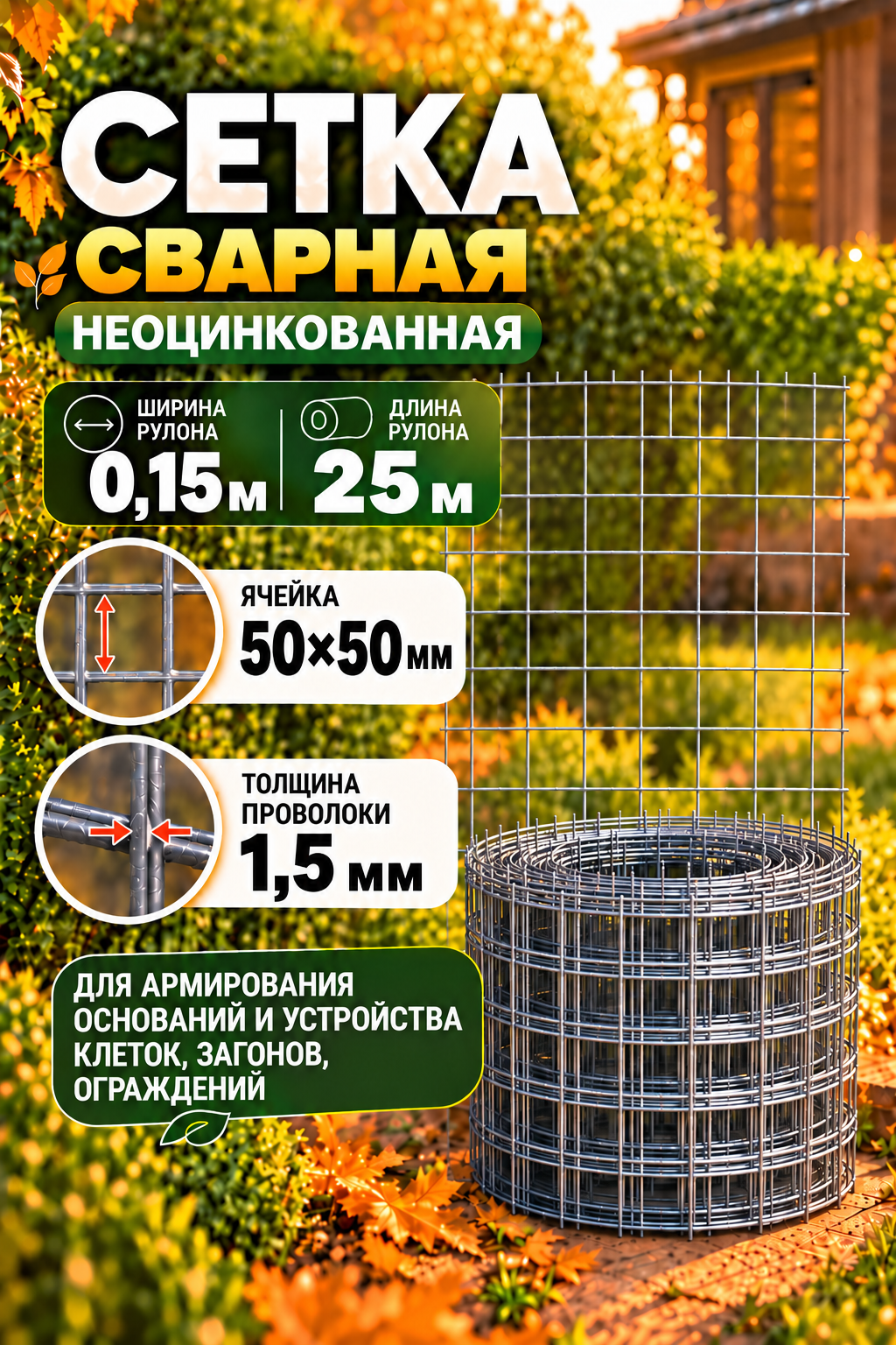 Сетка сварная 50х50 мм, проволока 1,5 мм, рулон 0,15х25 м, металлическая для забора, клеток, армирования и кладки