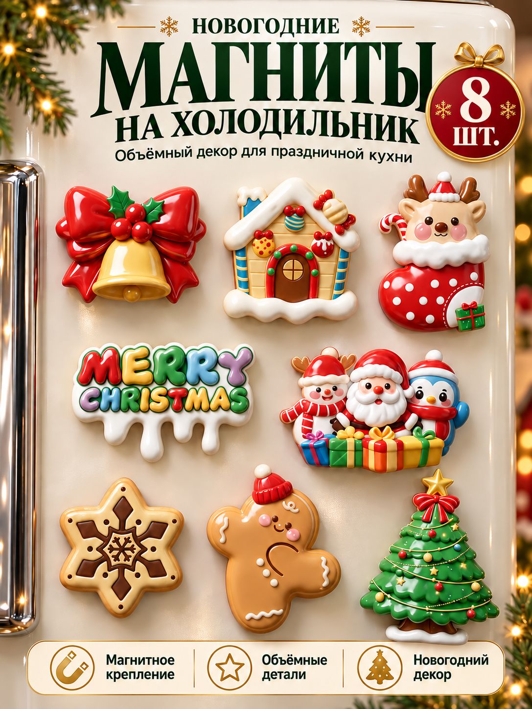 Магниты на холодильник новогодние объёмные, набор 8 шт.