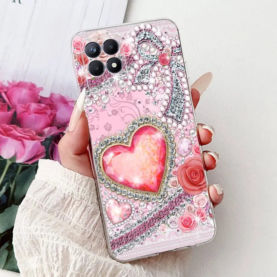 Розовый чехол Realme 8i с сердцем и стразами