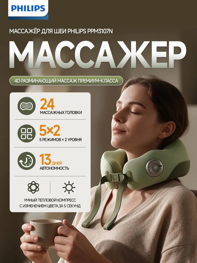 Массажер для шеи с подогревом Philips U-образный 24 ролика 4D массаж, 5 режимов, теплотерапи я, 2500мАч, Type-C, шея плечи поясница