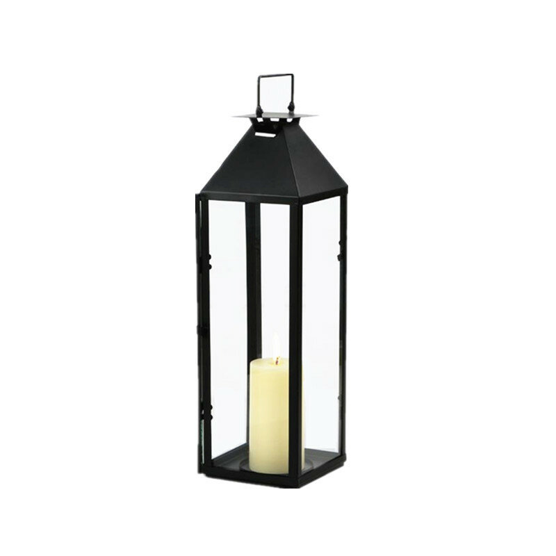 Европейский стиль железного подсвечника с ветрозащитным стеклом, черный, 19x19x60см, элегантный наружный напольный