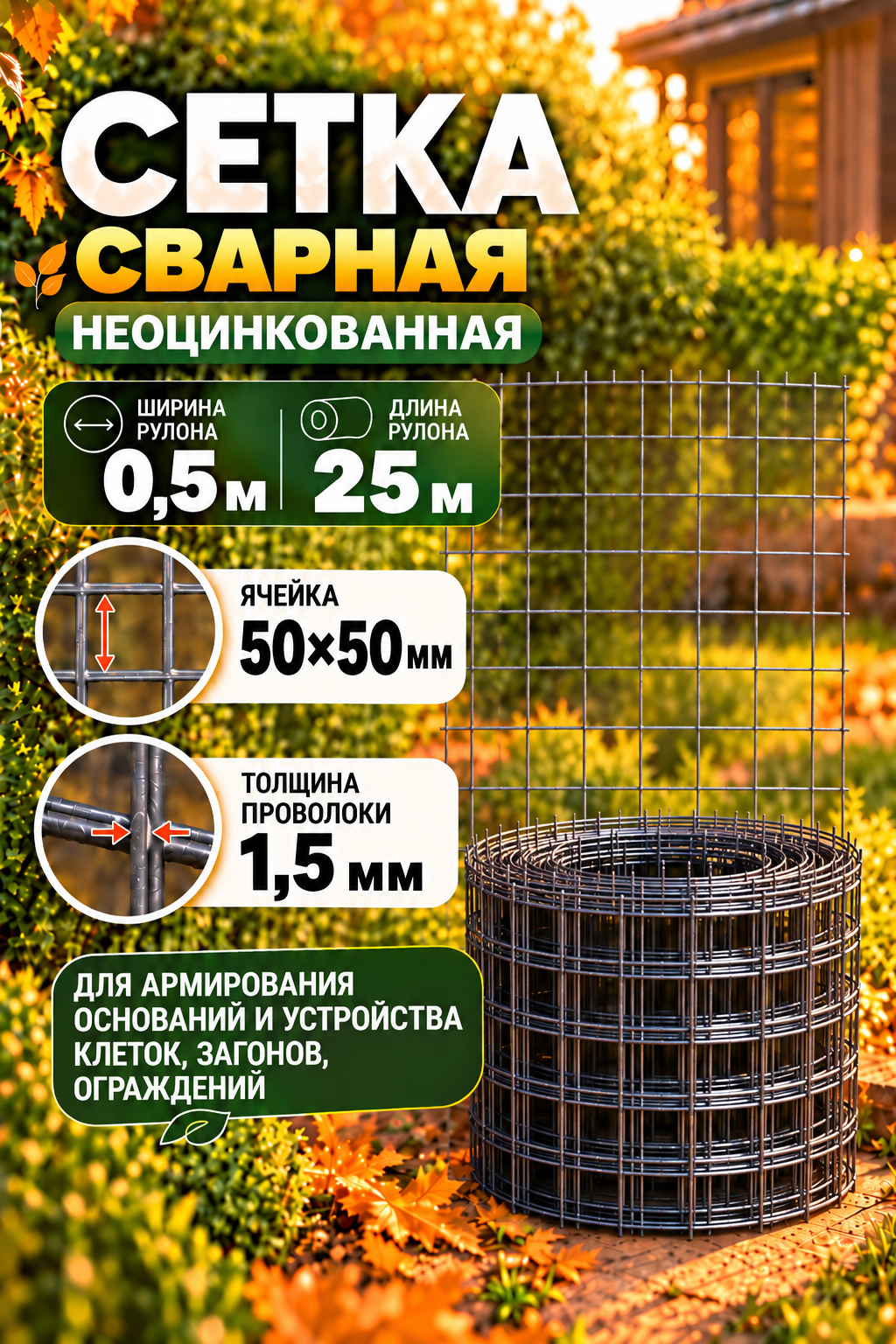 Сетка сварная 50х50 мм, проволока 1,5 мм, рулон 0,5х25 м, металлическая для забора, клеток, армирования и кладки