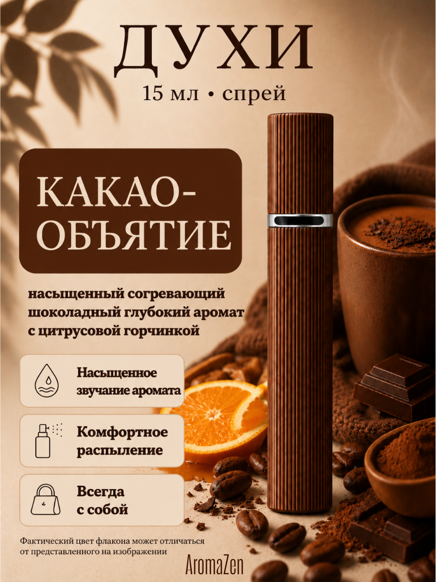 Духи Какао-Объятие 15 мл унисекс, сладкие шоколадные, парфюм-спрей/ AromaZen