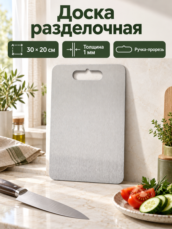 Доска разделочная «Металлик», 30×20×0.1 см, нержавеющая сталь, серебристая