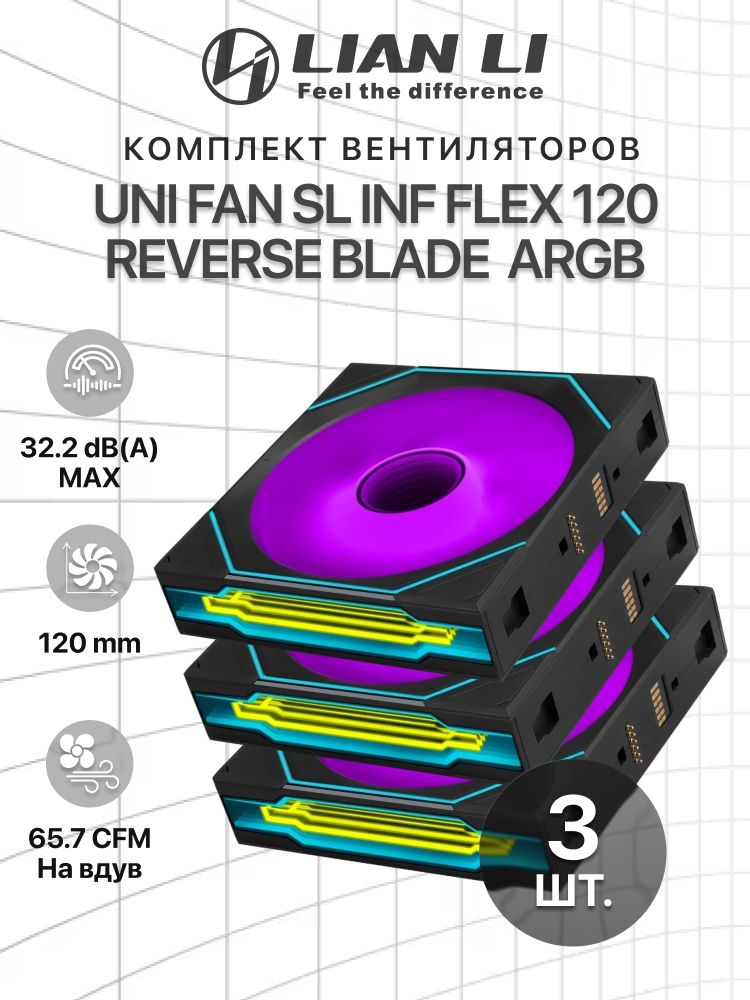 Комплект вентиляторов для корпуса 3 шт. Lian Li UNI FAN SL INF FLEX 120 Reverse Blade / 12RSLIN1F1B BLACK / 120x124x28мм PWM, ARGB, 2200 об/мин (Max.), 32.2dBa