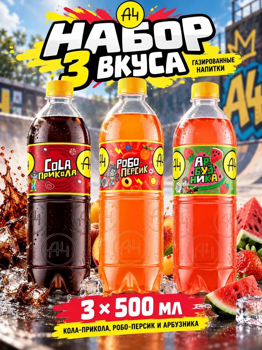 Набор напитков А4 Кола-Прикола, Робо-персик и Арбузника, 3 вкуса по 500 мл: Кола-Прикола, Робо-персик, Арбузника, лимонад Влад А4, ассорти вкусов