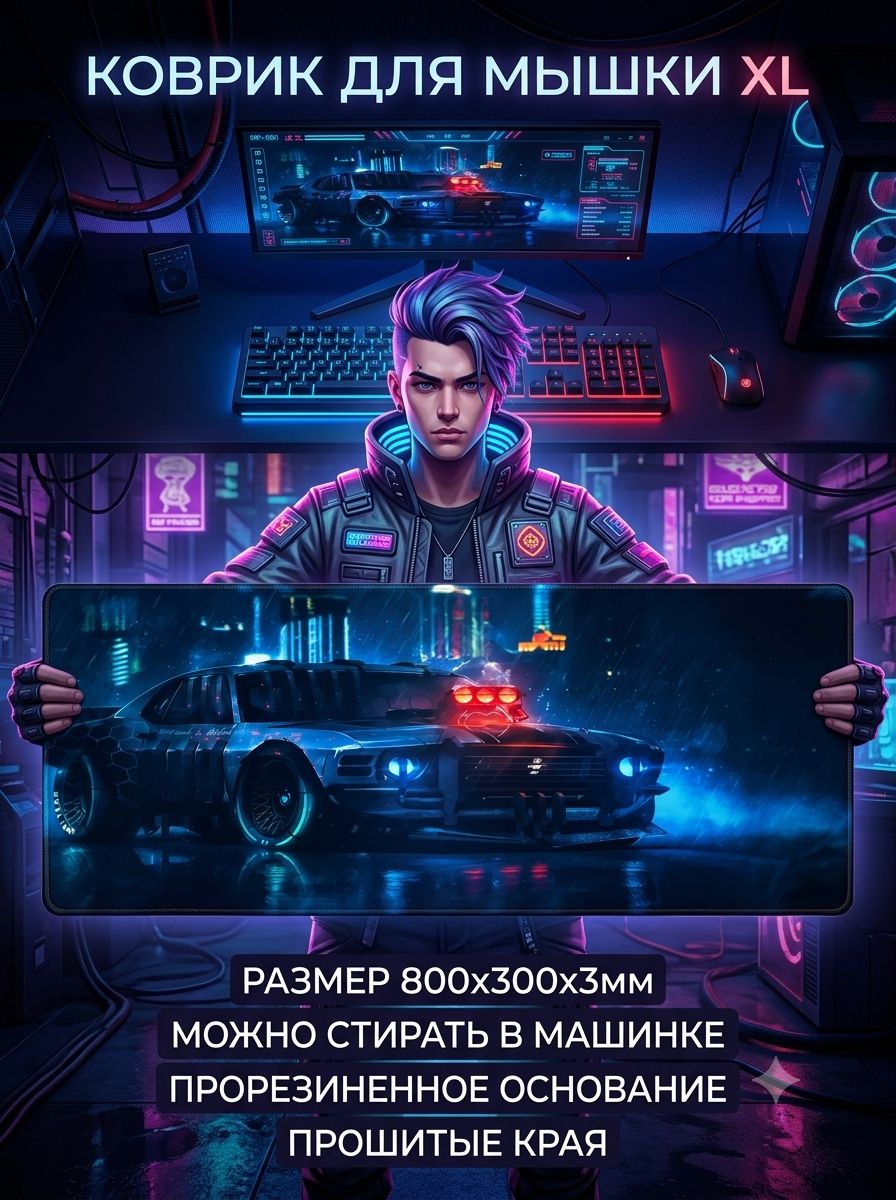 Коврик для мышки большой игровой 800х300 XL, Киберпанк, авто, машина, мокрый асфальт, черный, мужской