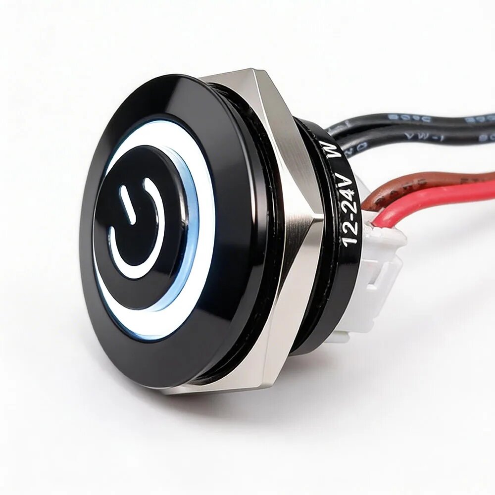 Металлический кнопочный переключатель 19mm Momentary, High Power White, 12-24V with wire