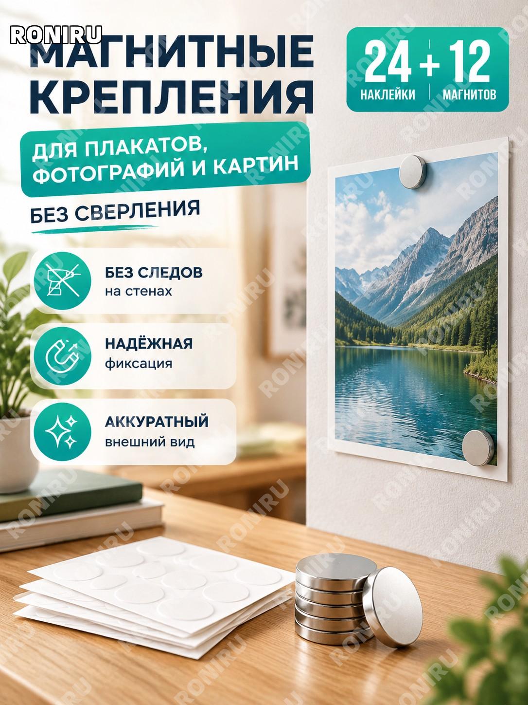 Магнитные крепления для плакатов фото и картин без сверления набор 24 наклейки и 12 магнитов для декора интерьера